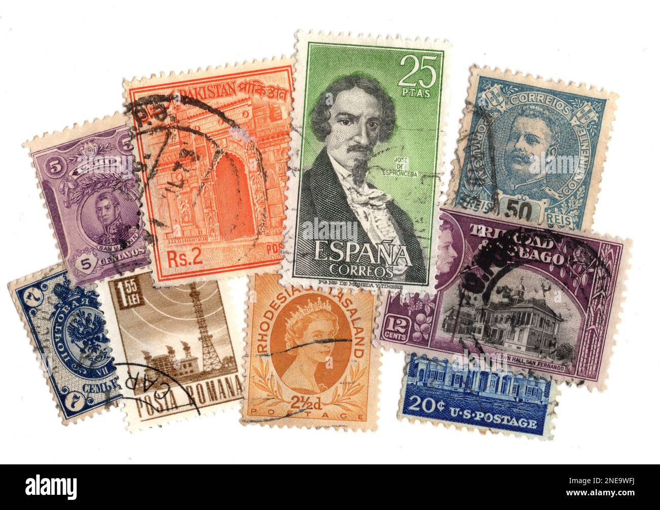 Vintage postage stamps from around the world isolated on a white ...