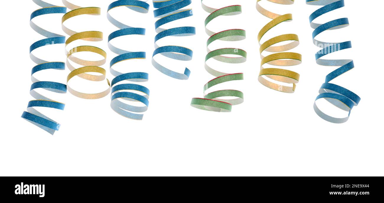 Bright serpentine streamers on white background. Festive decor Stock ...