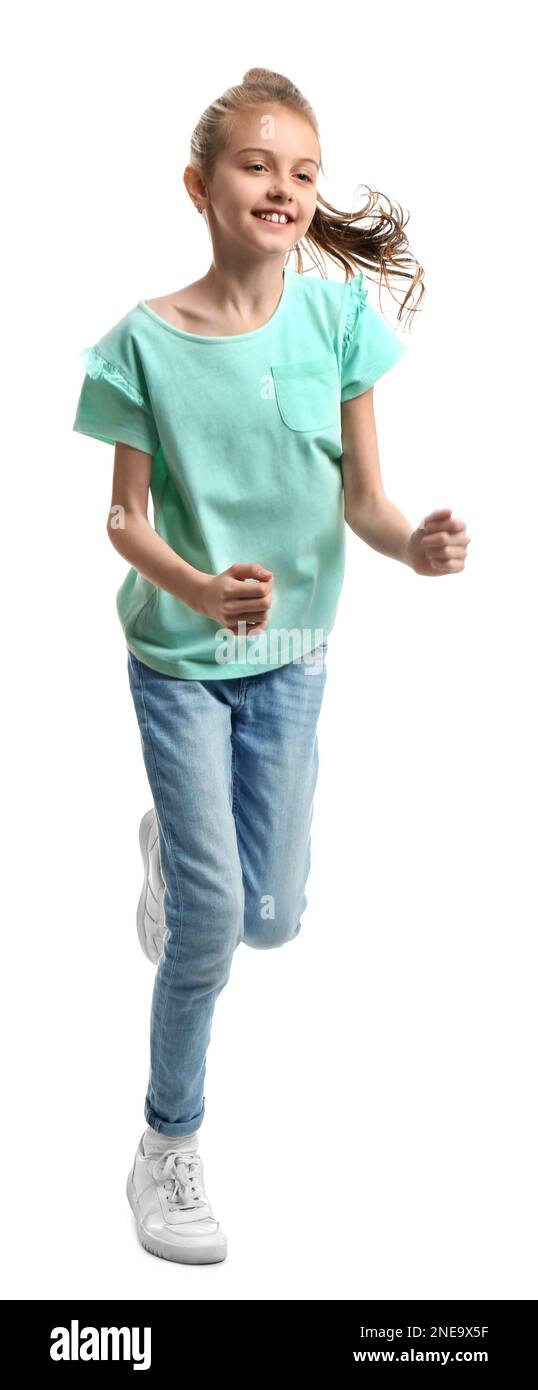 Cute little girl running on white background Stock Photo - Alamy