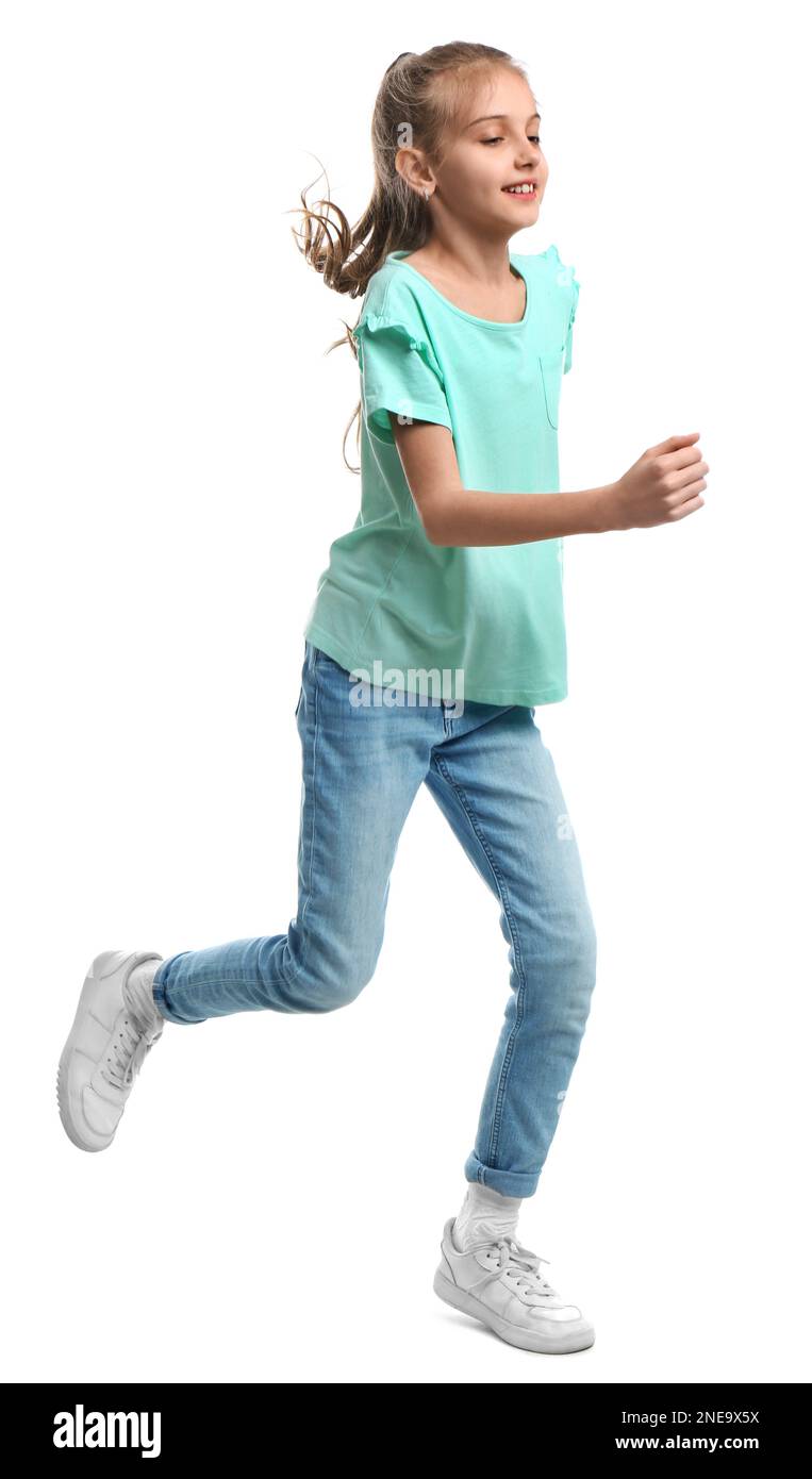 Cute little girl running on white background Stock Photo - Alamy