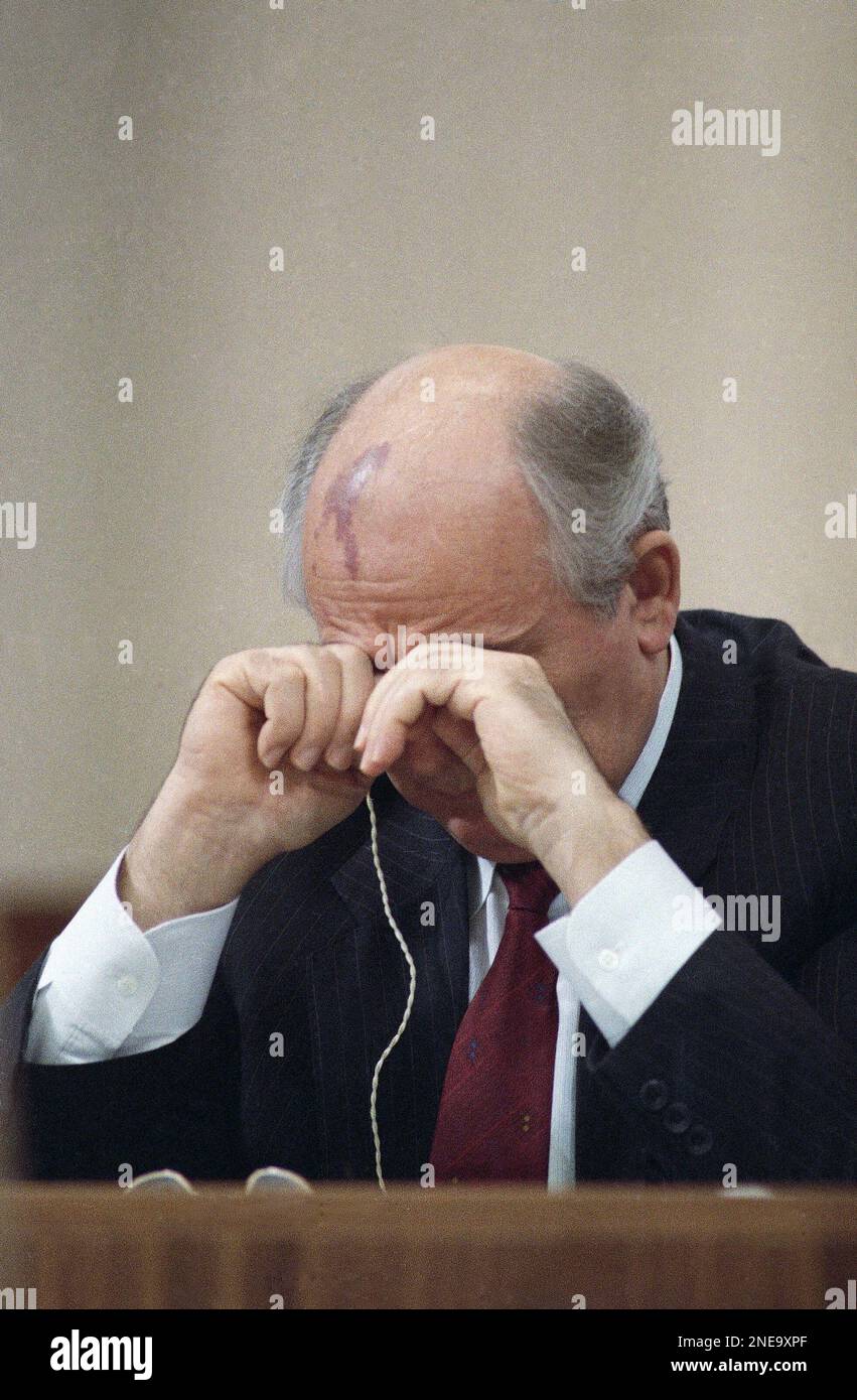 Soviet President Mikhail S. Gorbachev, 58, rubs his eyes after another ...