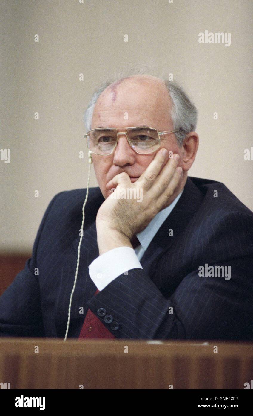 President Mikhail S. Gorbachev listens on Thursday, June 1, 1989 in the ...