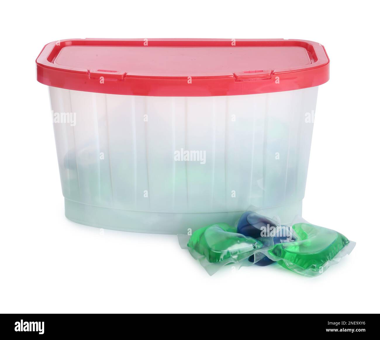 Laundry capsules and box on white background Stock Photo - Alamy