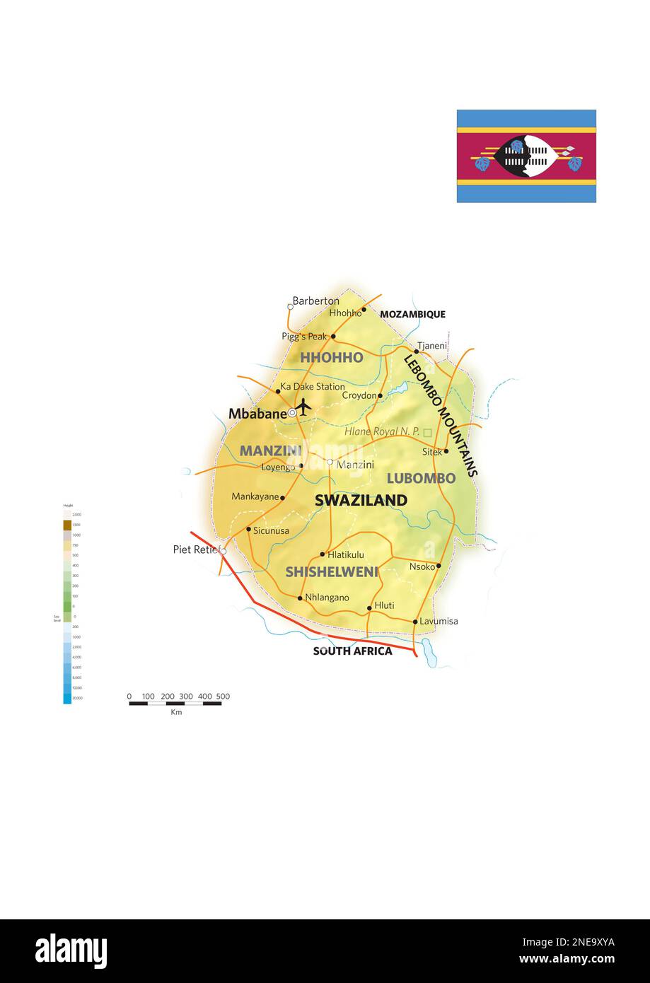 Physical and political map of Swaziland. [Adobe Illustrator (.ai ...