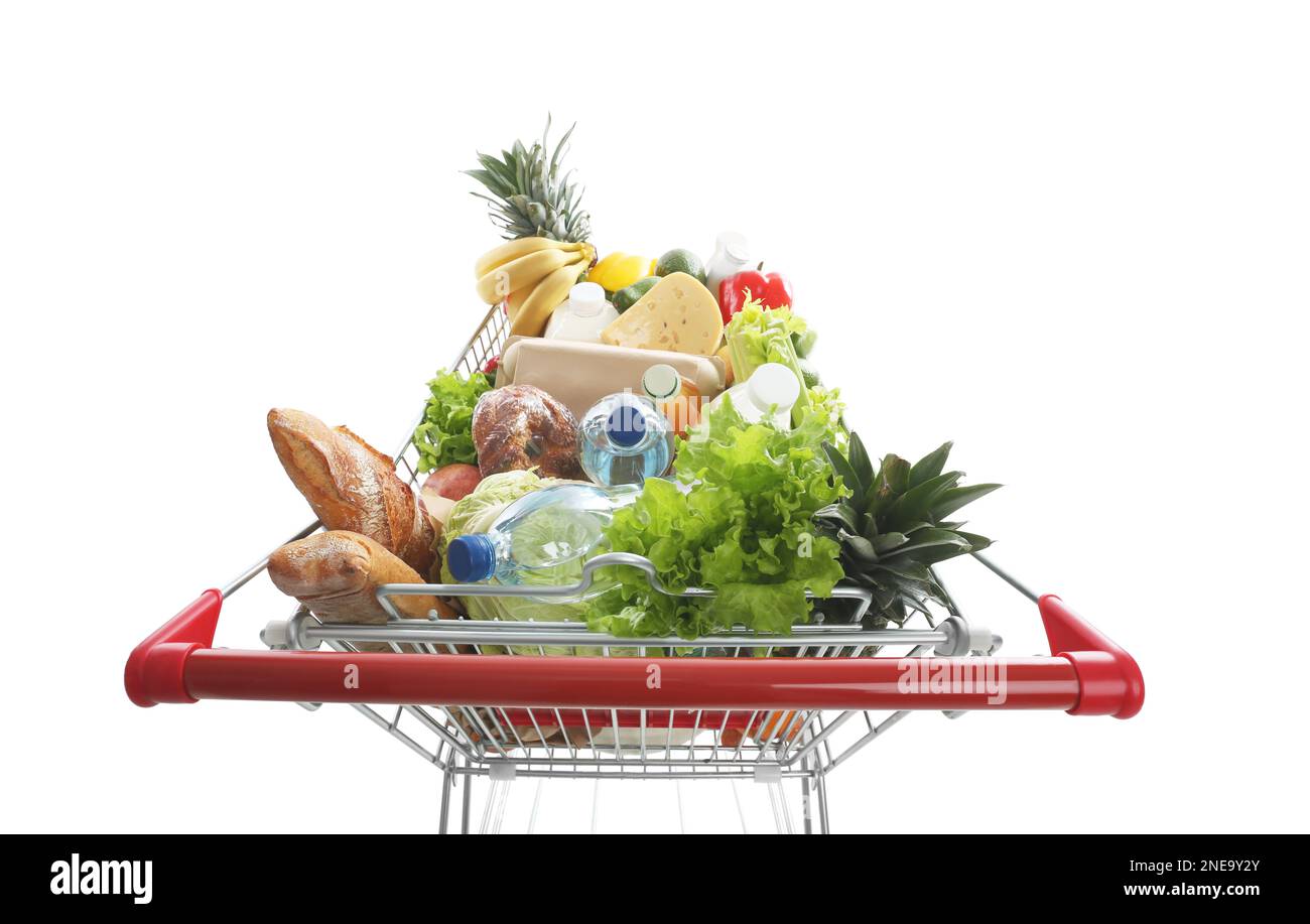 Shopping cart with groceries on white background, above view Stock ...