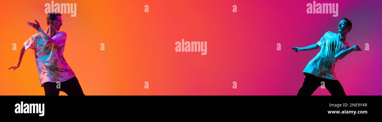 Young flexible male dancer dancing in magenta neon light. Concept of ...