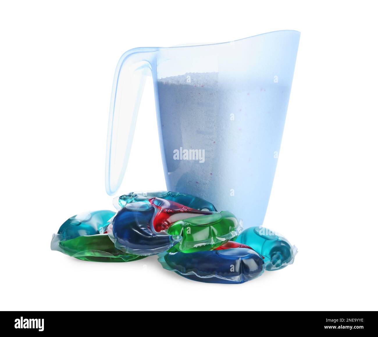 Color laundry capsules and detergent powder on white background Stock ...