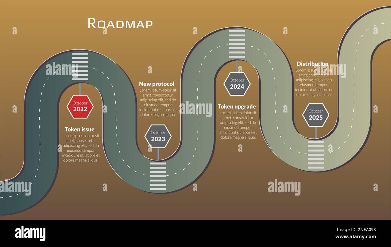 Roadmap with winding road and stop signs on stages on brown background ...