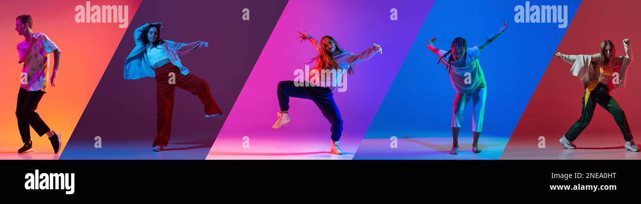 Music in moves. Young expressive contemp dance dancers dancing in neon ...