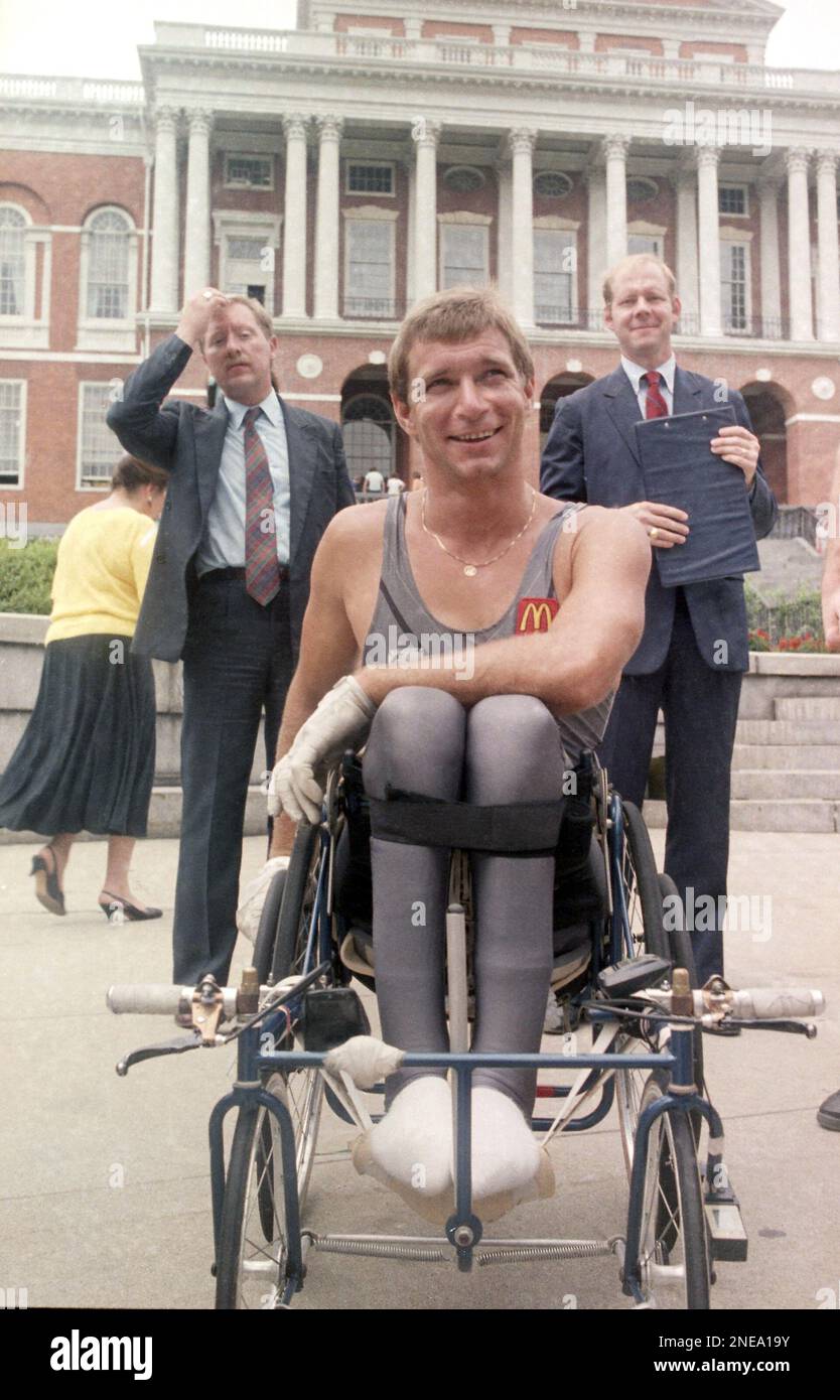 Rick Hansen of British Colombia reacts upon his arrival at the ...