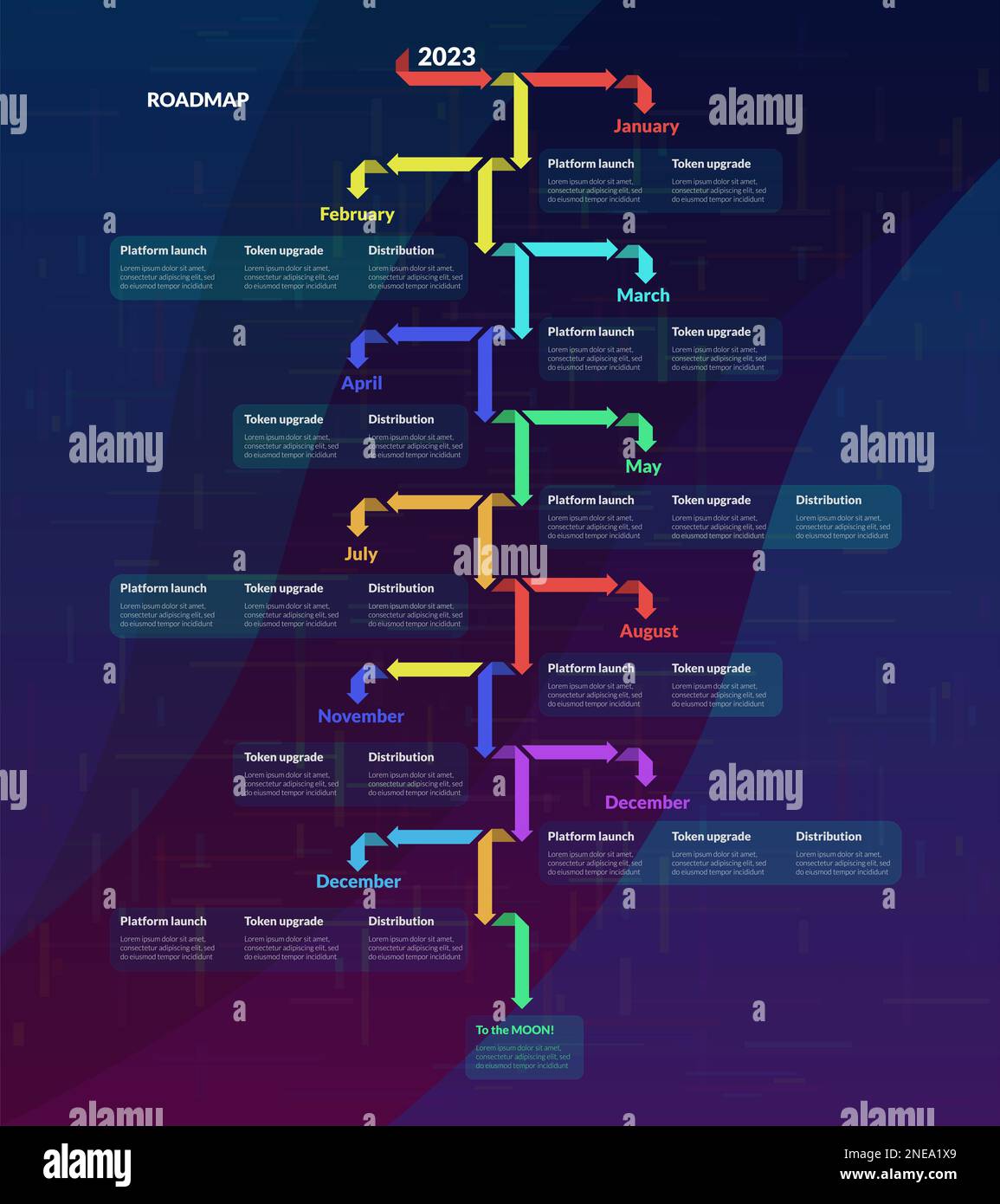 Roadmap with colored arrows on dark background. Vertical infographic ...