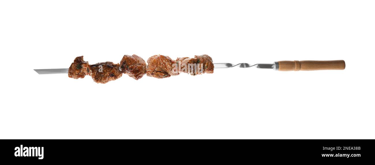Metal skewer with delicious meat on white background, top view Stock ...