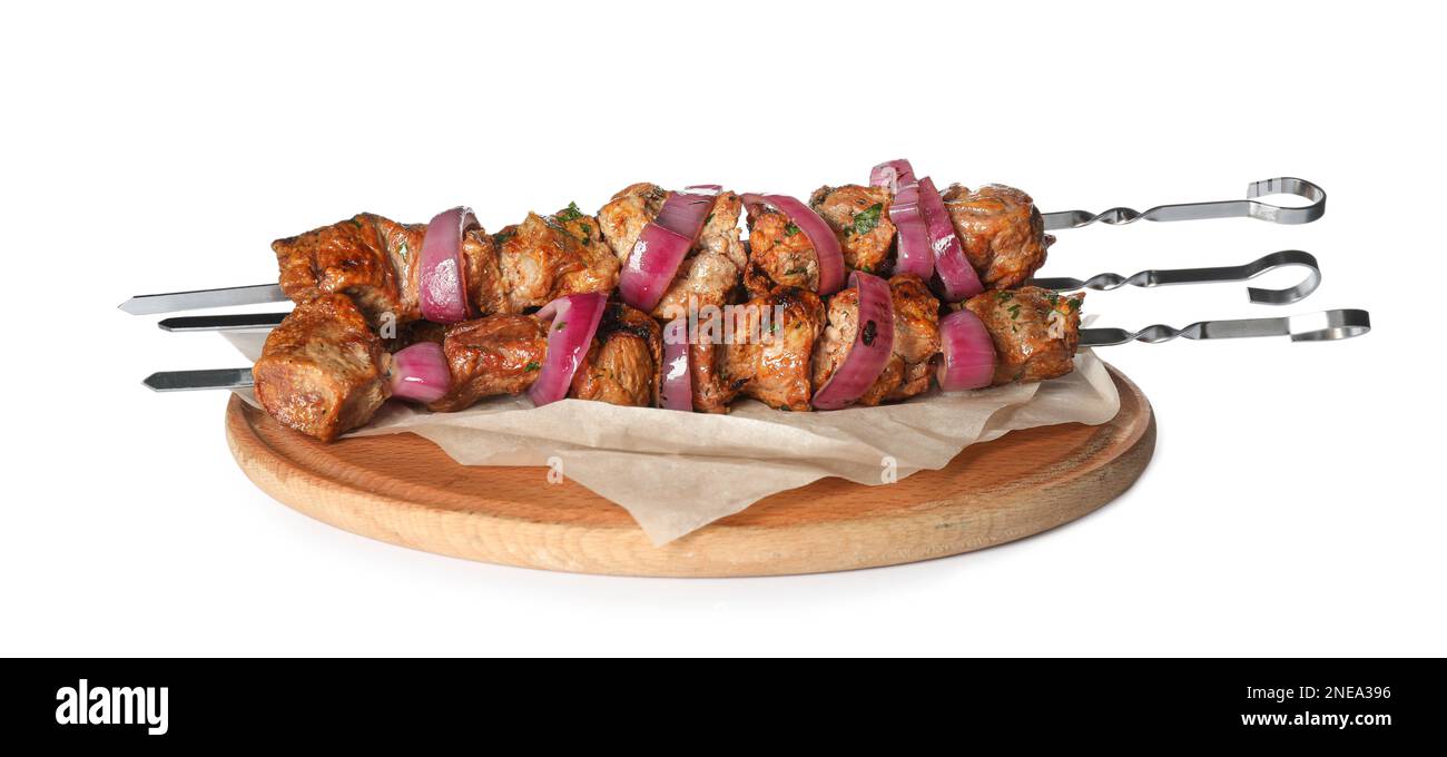 Metal skewers with delicious meat and onion on white background Stock ...