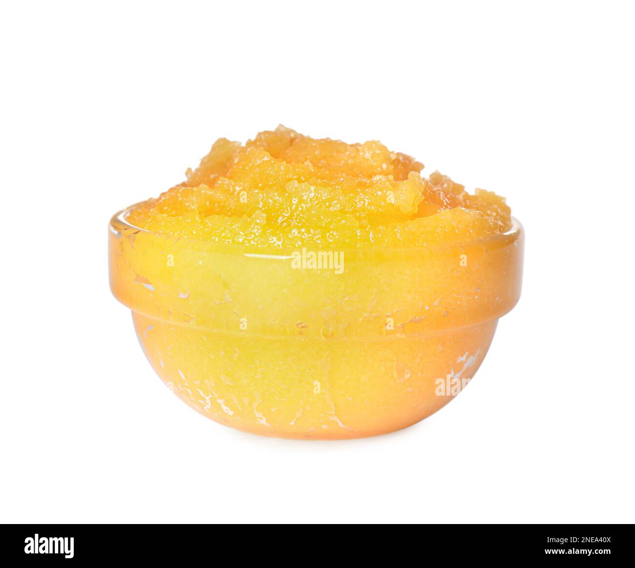 Glass bowl of yellow body scrub isolated on white Stock Photo - Alamy