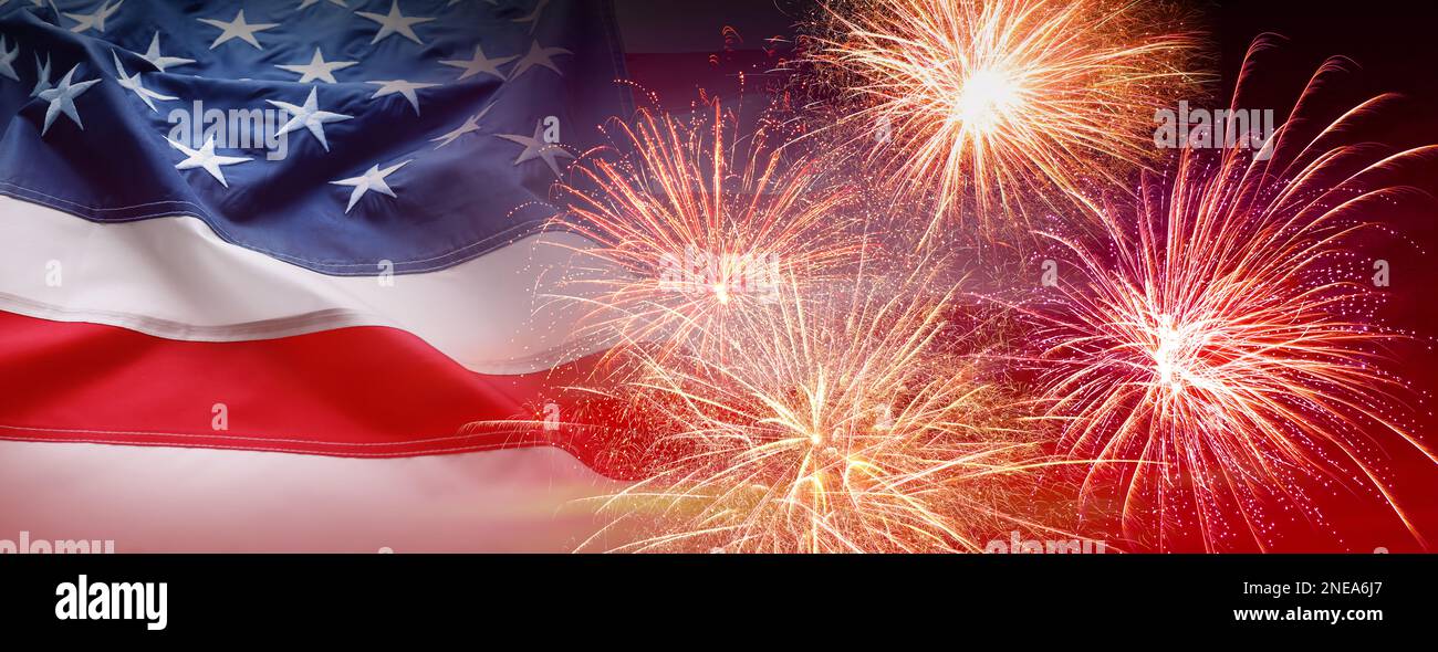 American flag and fireworks, banner design. Independence Day of USA ...