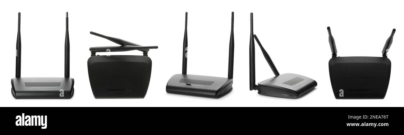 Set with modern Wi-Fi routers on white background. Banner design Stock ...