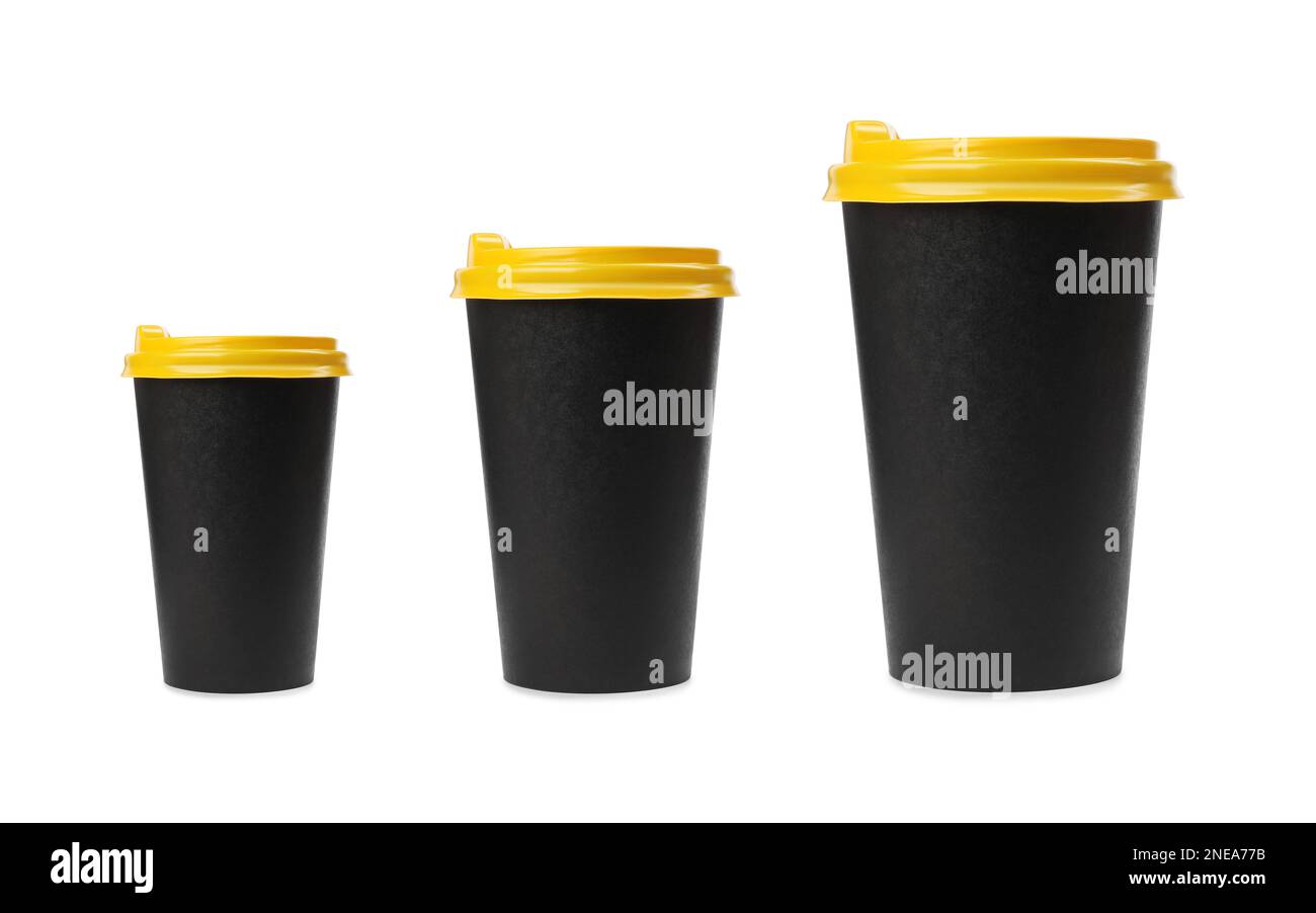 Set with different takeaway coffee cups on white background Stock Photo ...