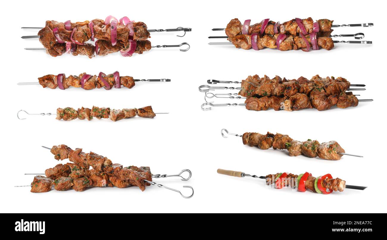 Metal skewers with delicious meat on white background, collage Stock ...