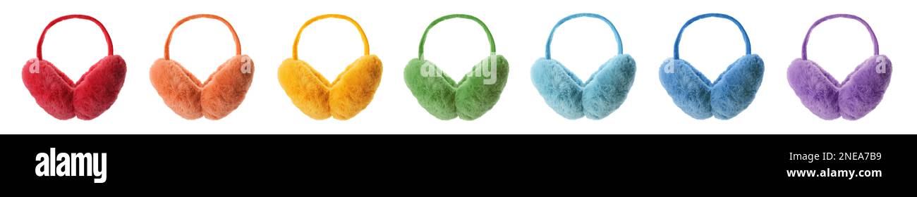 Set with different colorful soft earmuffs on white background. Banner ...
