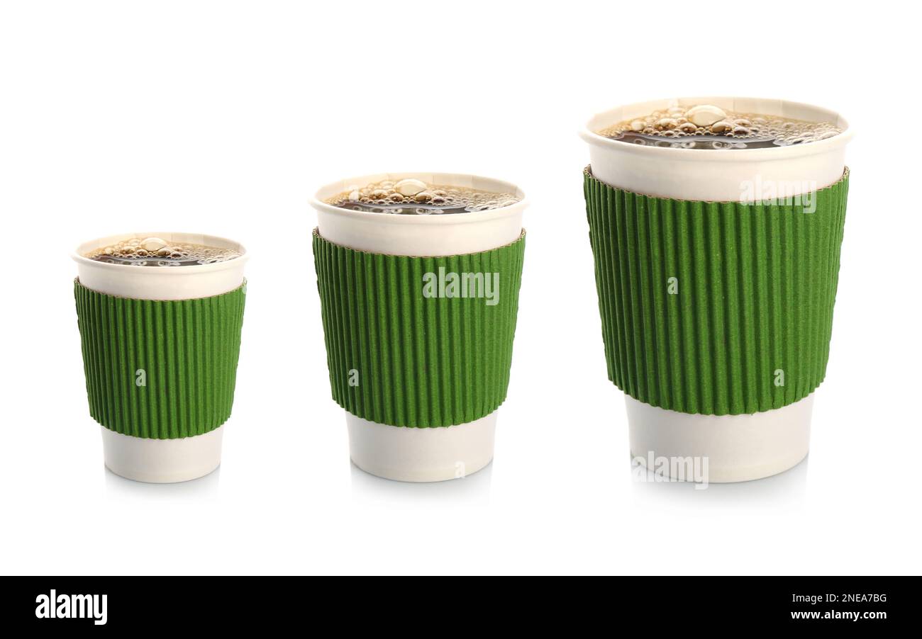 Set with different takeaway coffee cups on white background Stock Photo ...