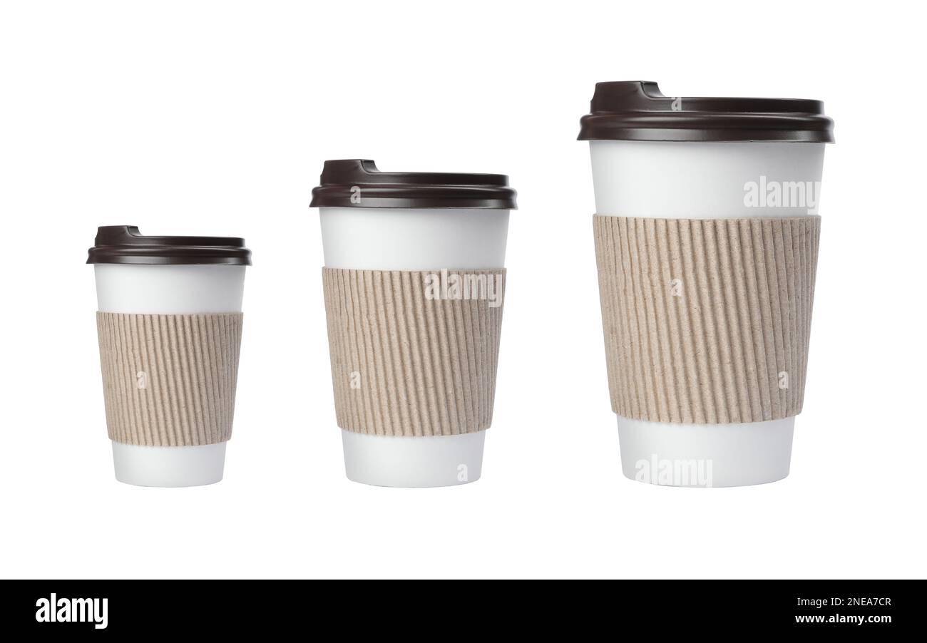 Set with different takeaway coffee cups on white background Stock Photo ...