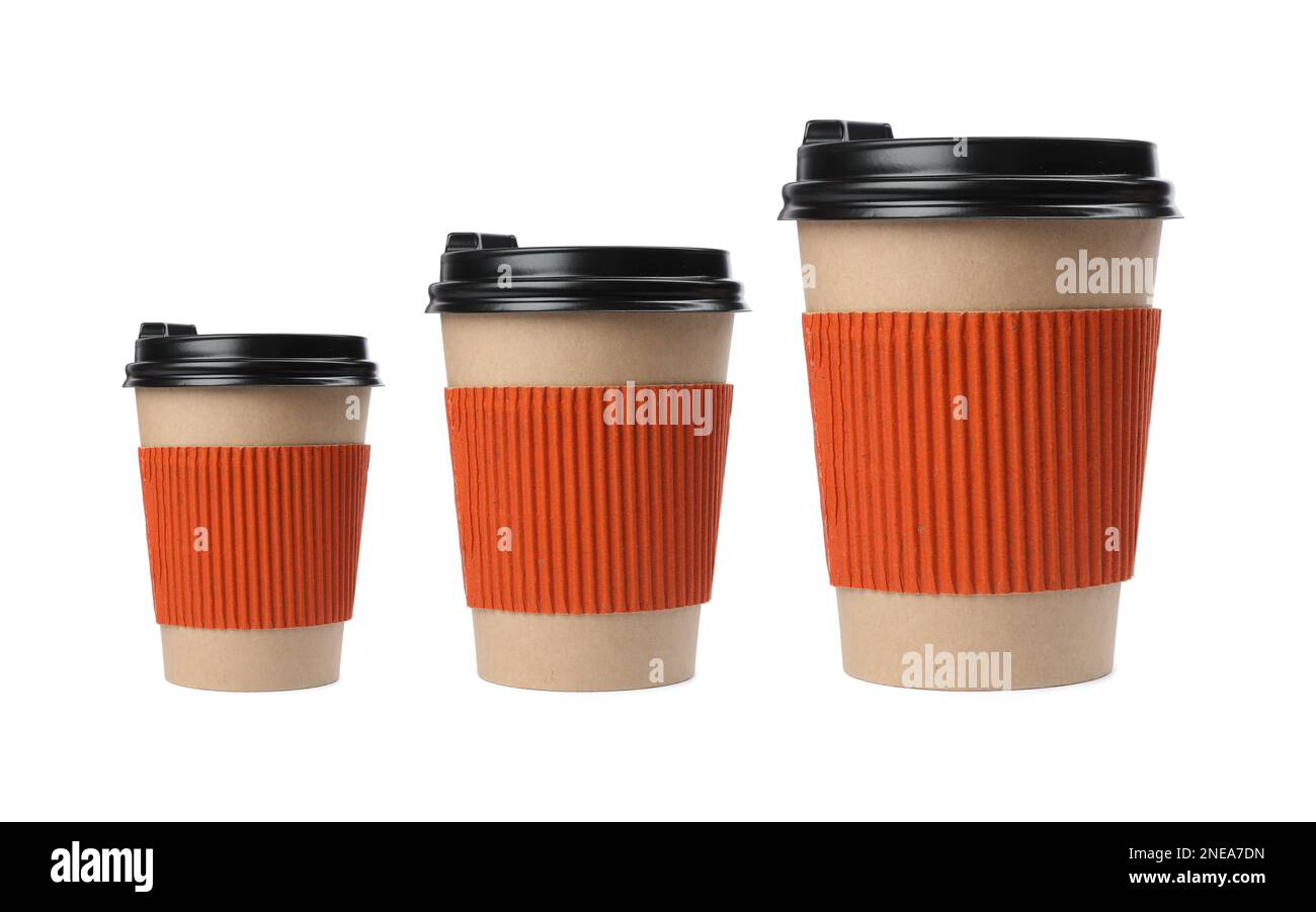 Set with different takeaway coffee cups on white background Stock Photo ...