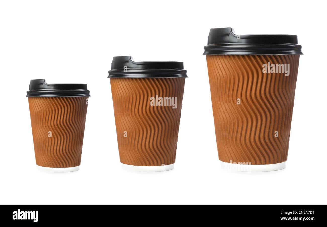 Set with different takeaway coffee cups on white background Stock Photo ...