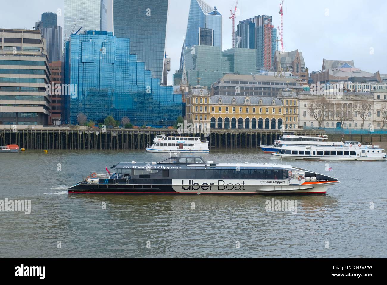 An Uber pleasure boat on the River Thames in London, England Stock ...
