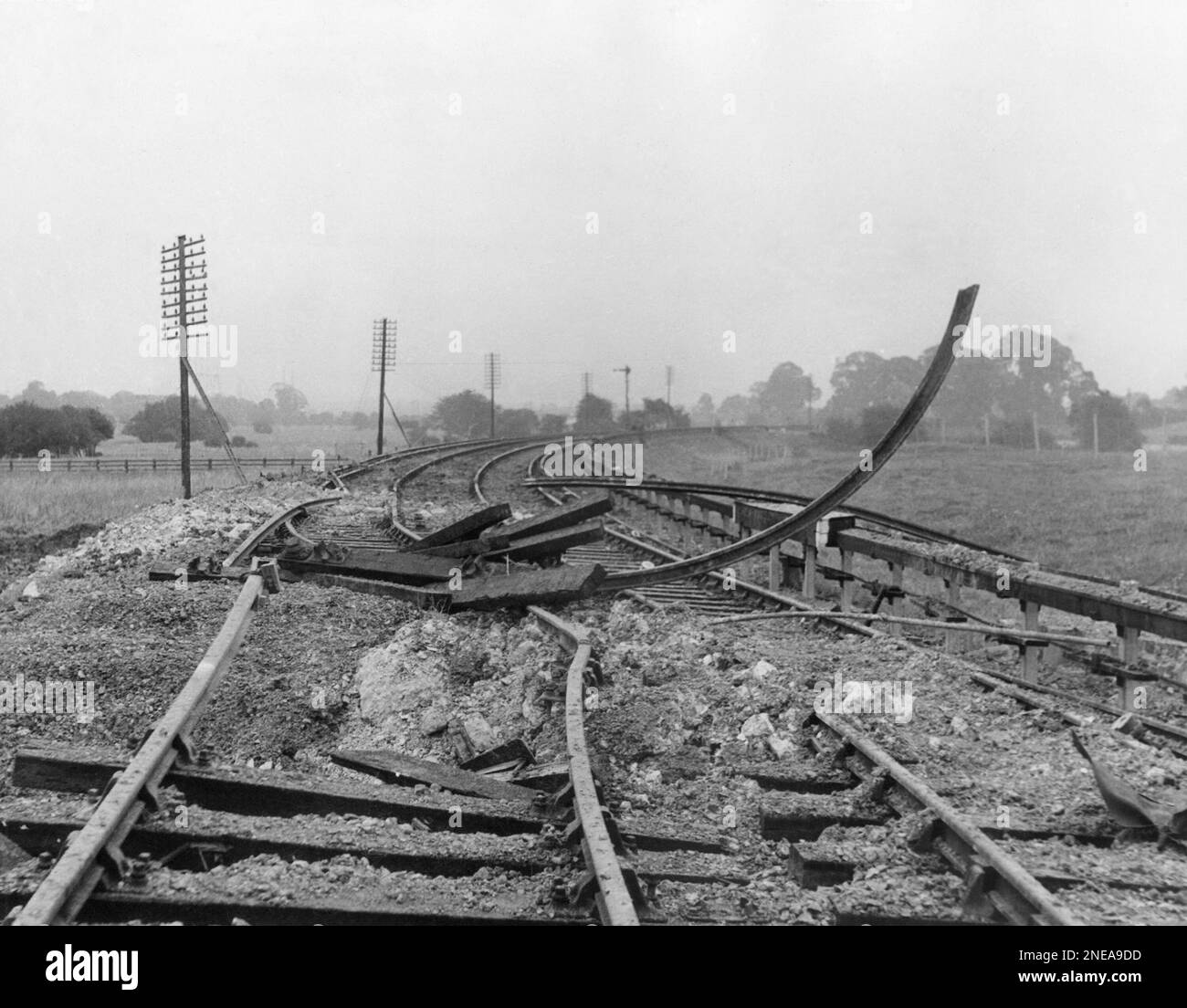 View of bomb damage on a southern railway electrified main line after ...