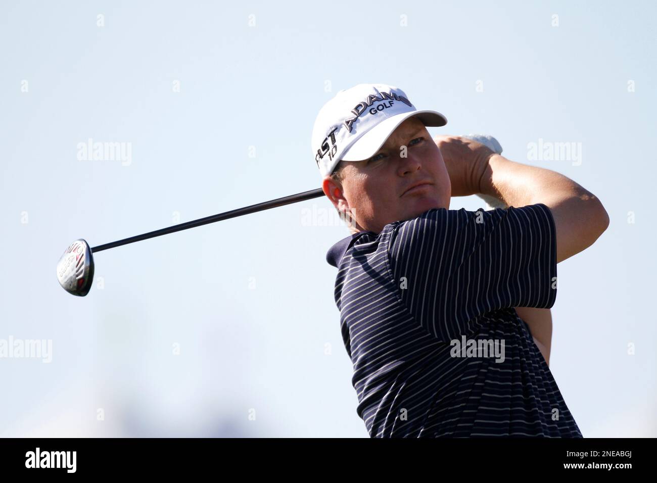 Chad Campbell watches his tee shot during practice for the Accenture ...