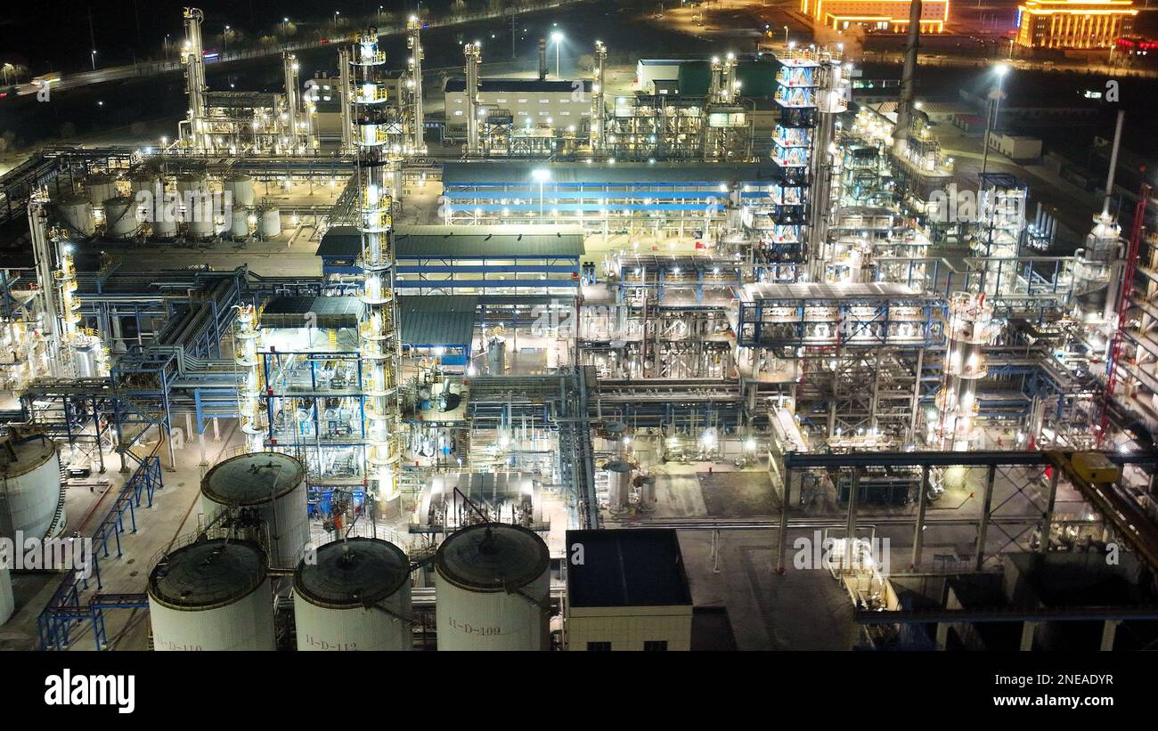 BINZHOU, CHINA - FEBRUARY 16, 2023 - Aerial photo shows a brightly lit ...