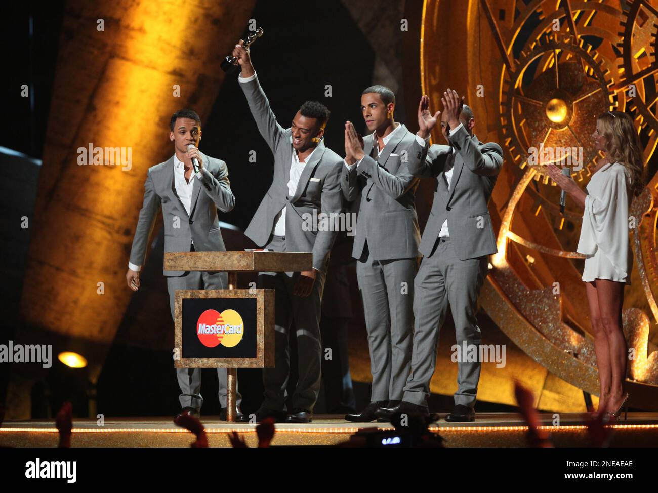 JLS reacts after receiving an award for British Breakthrough Act during ...