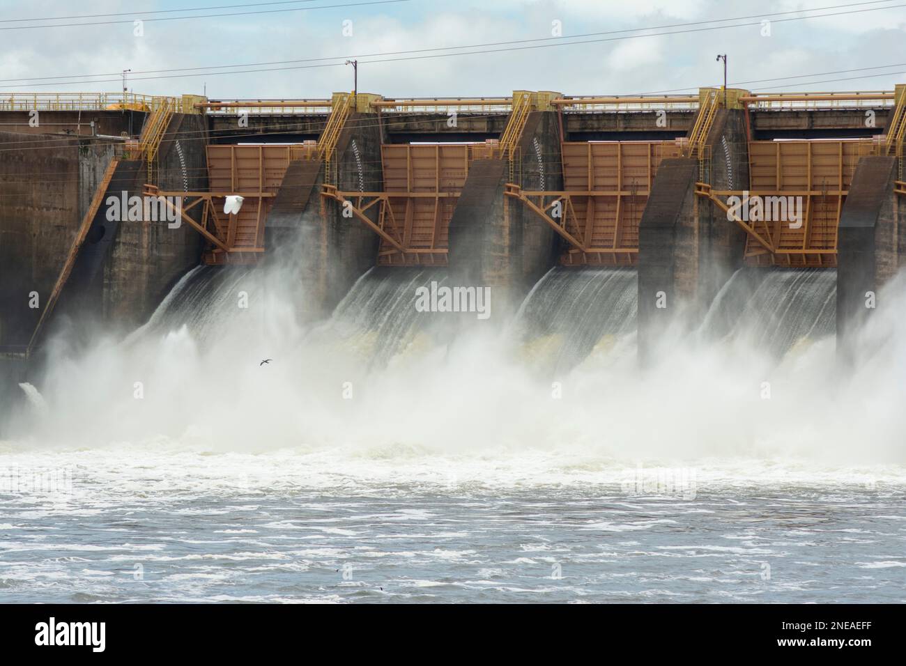 Close up of Barra Bonita dam with open hydroelectric plant gates. The ...