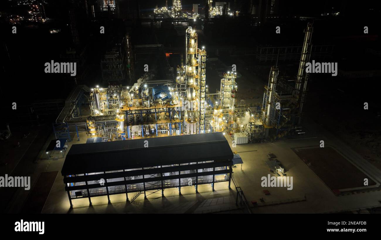 BINZHOU, CHINA - FEBRUARY 16, 2023 - Aerial photo shows a brightly lit ...