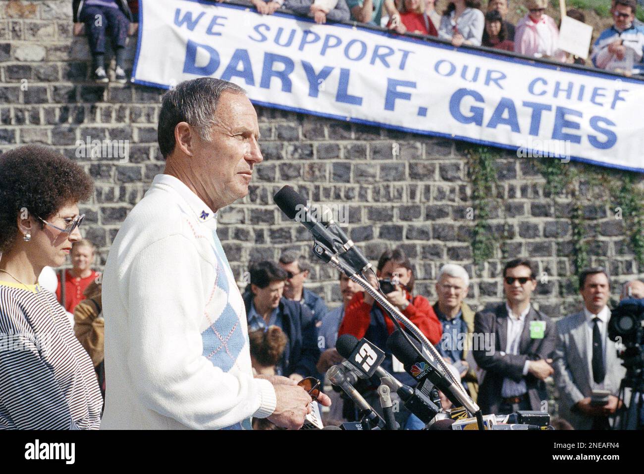 Los Angeles Police Chief Daryl Gates speaks to a crowd of nearly 2,000 ...