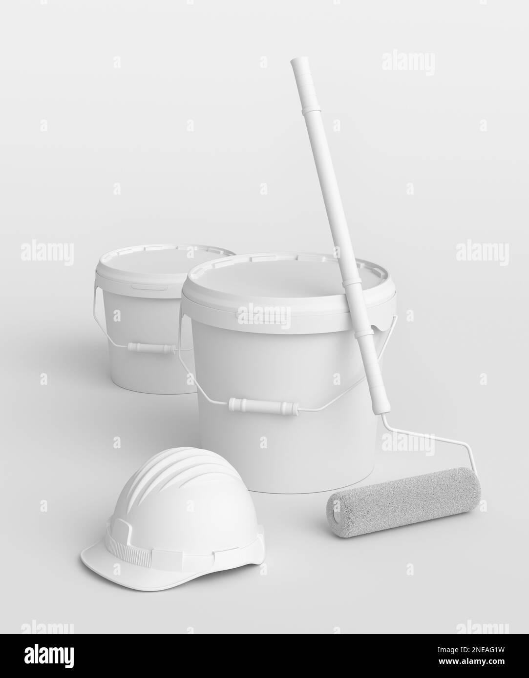 Set of safety helmet, bucket with paint rollers and brushes for ...