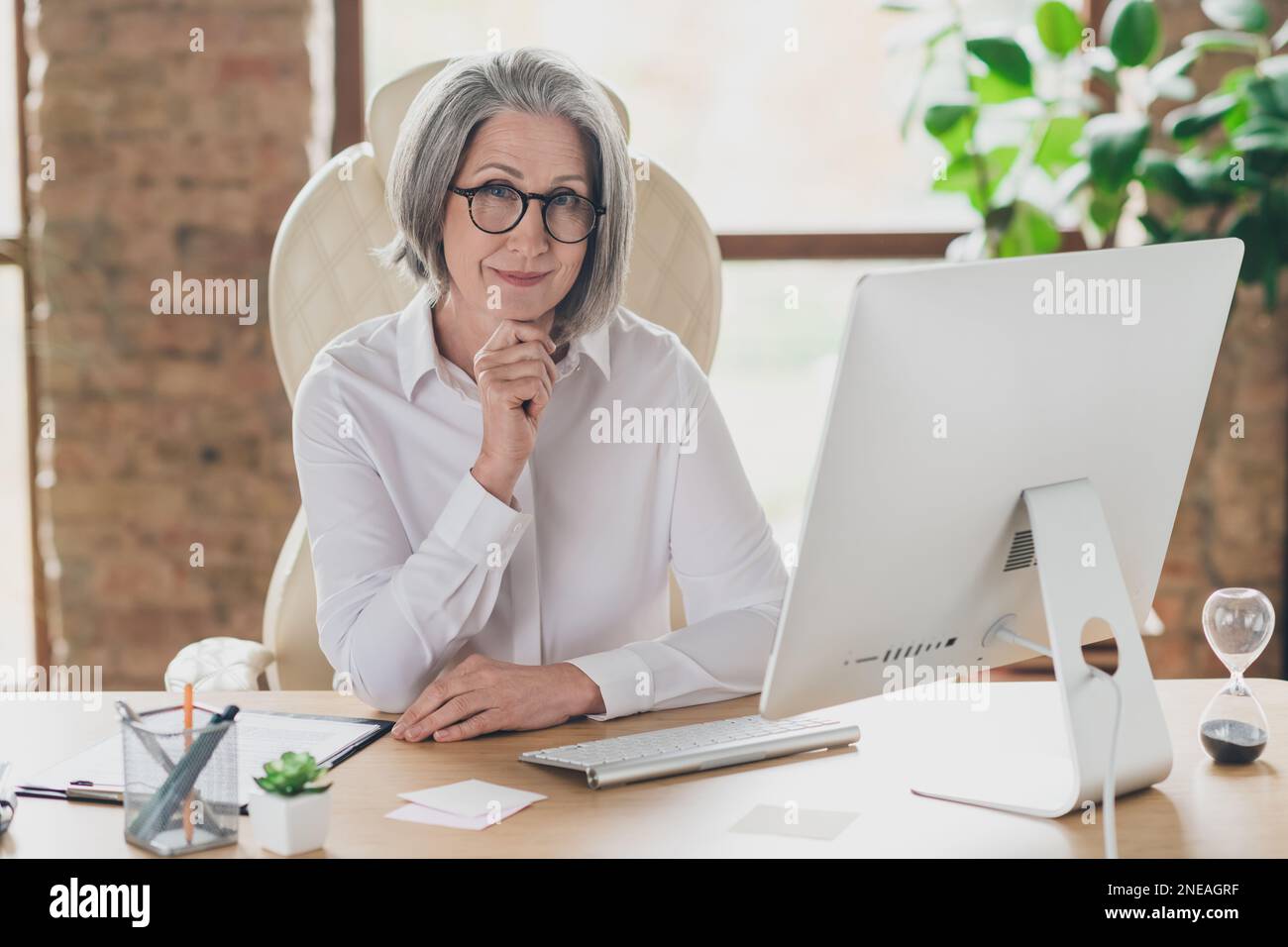Photo of charming intelligent lady assistant dressed white shirt ...