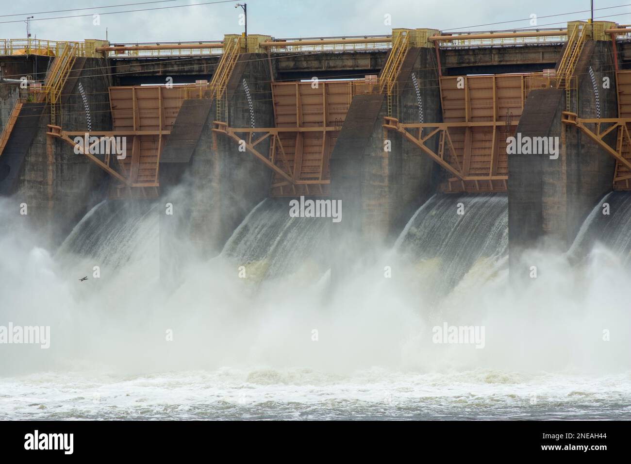 Close up of Barra Bonita dam with open hydroelectric plant gates. The ...