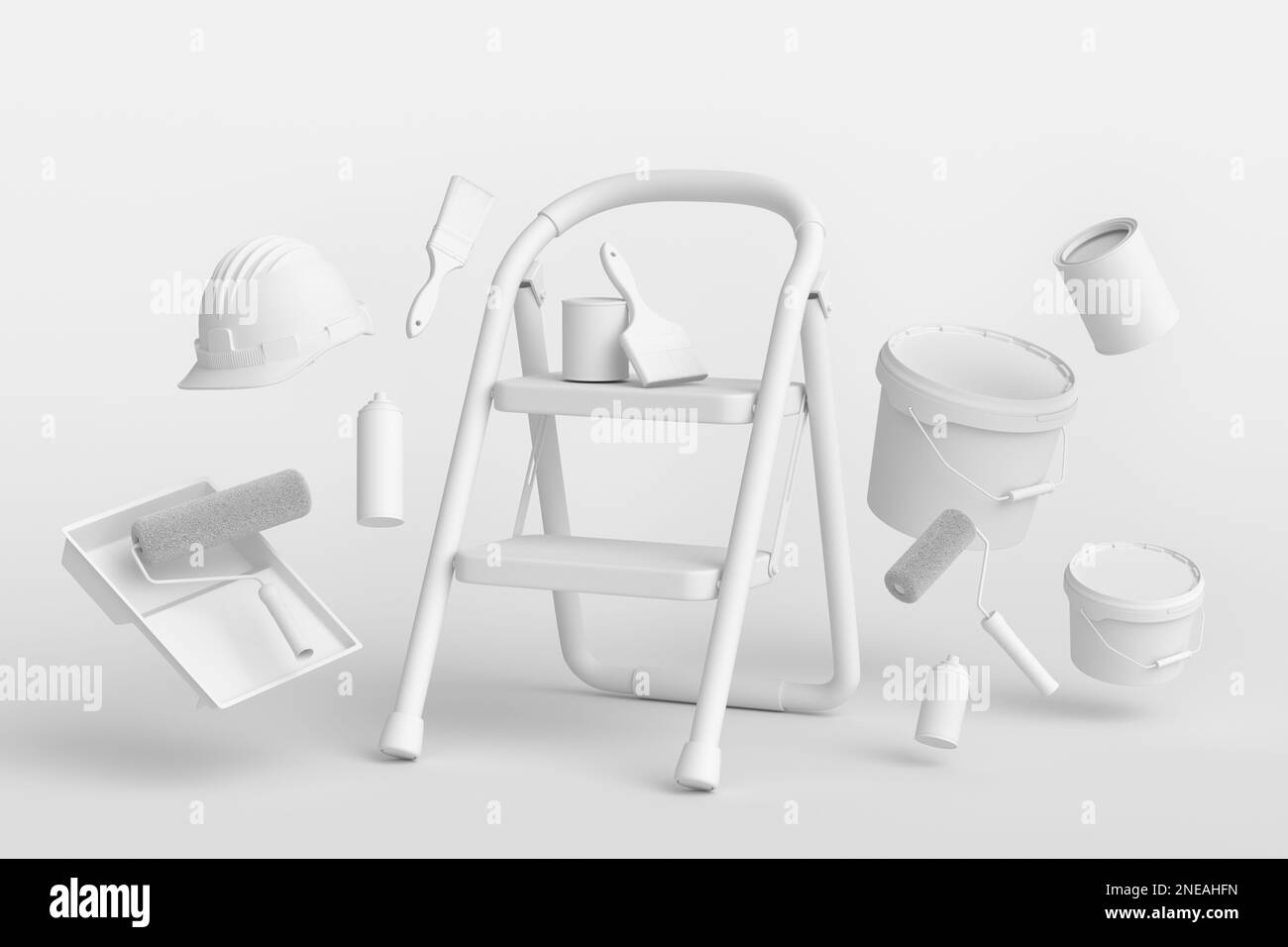 Set of folding ladder, bucket, safety helmet with paint rollers and ...