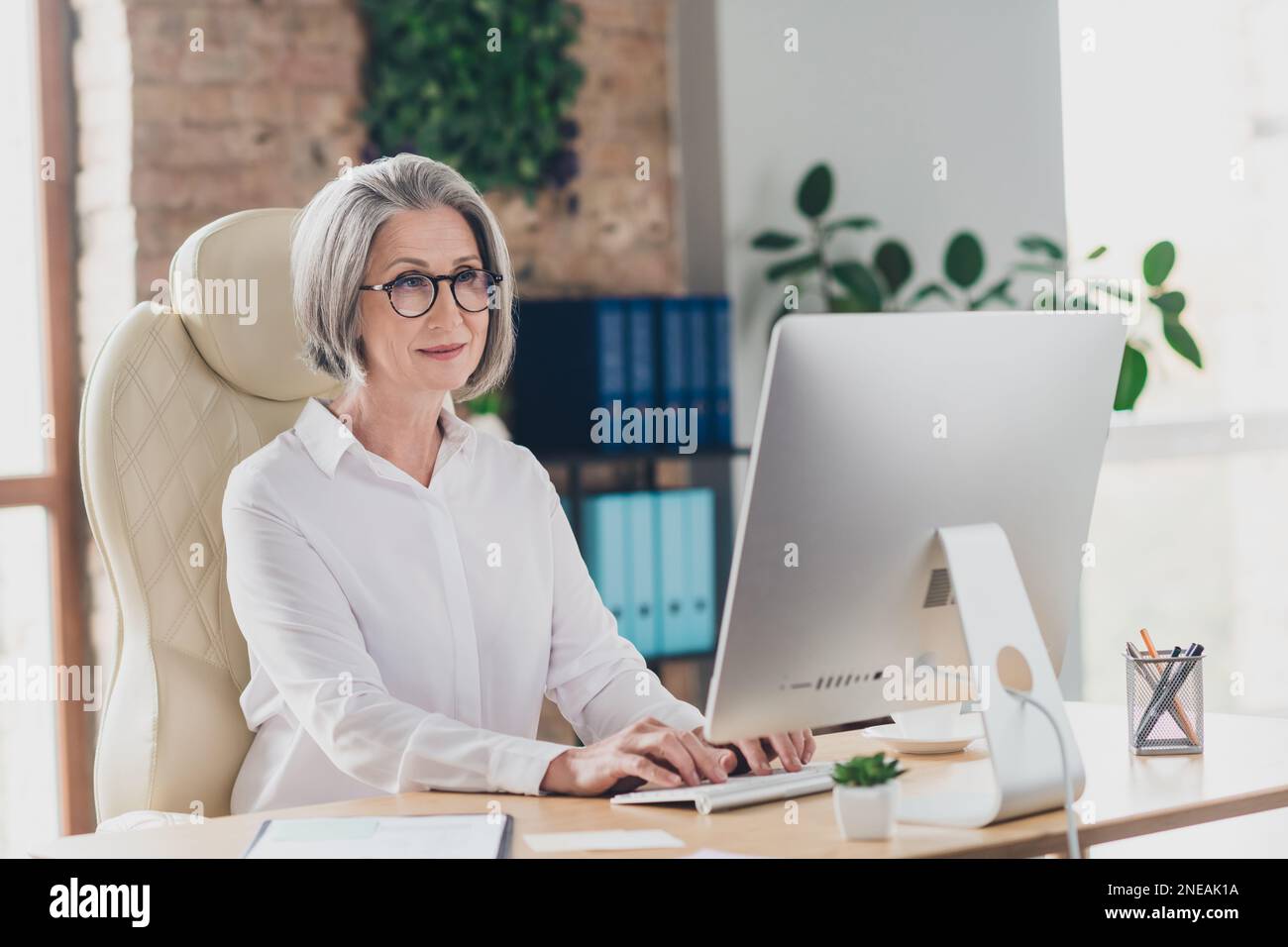 Photo of serious confident lady leader wear spectacles white shirt ...