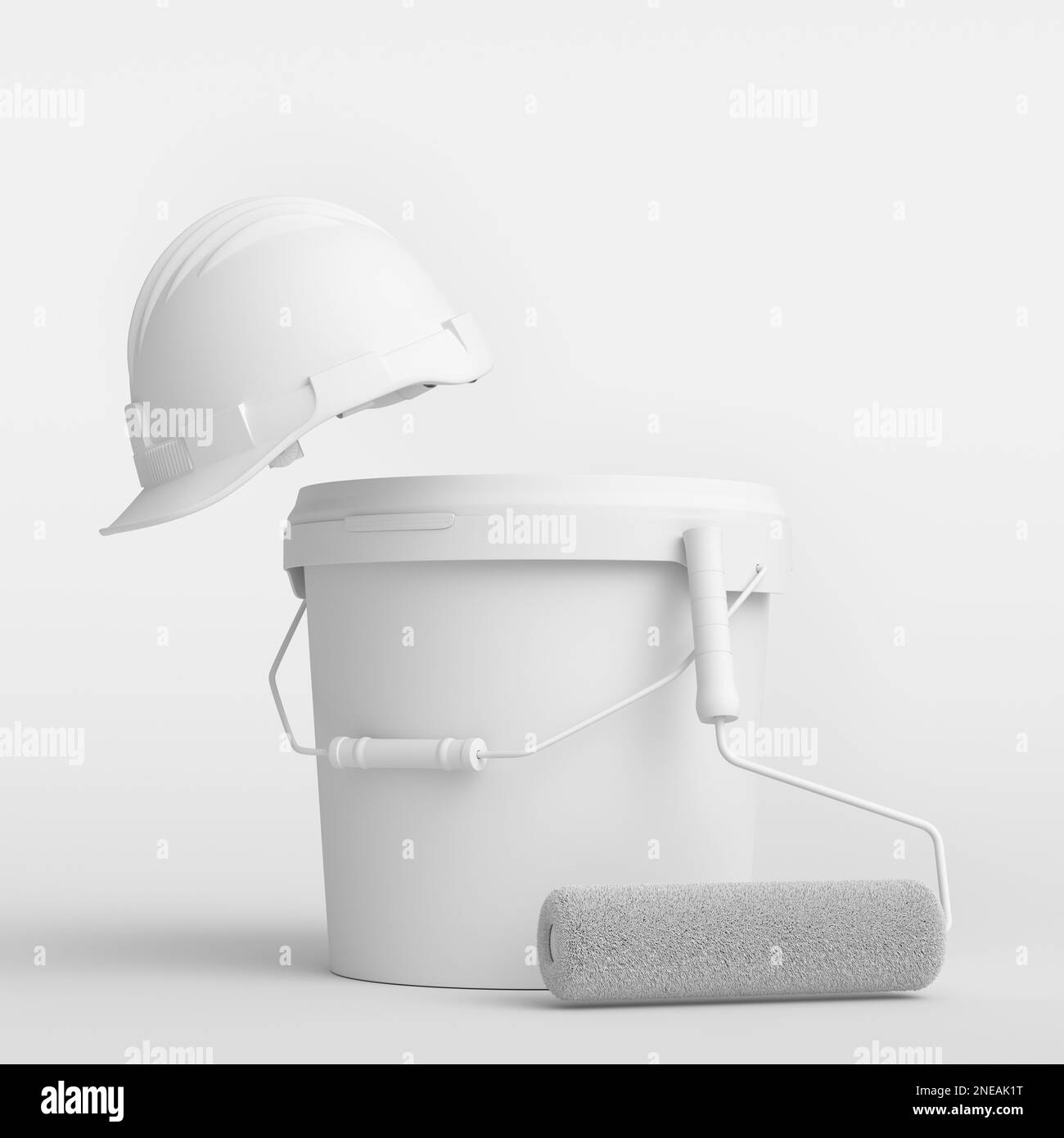 Set of safety helmet, bucket with paint rollers and brushes for ...
