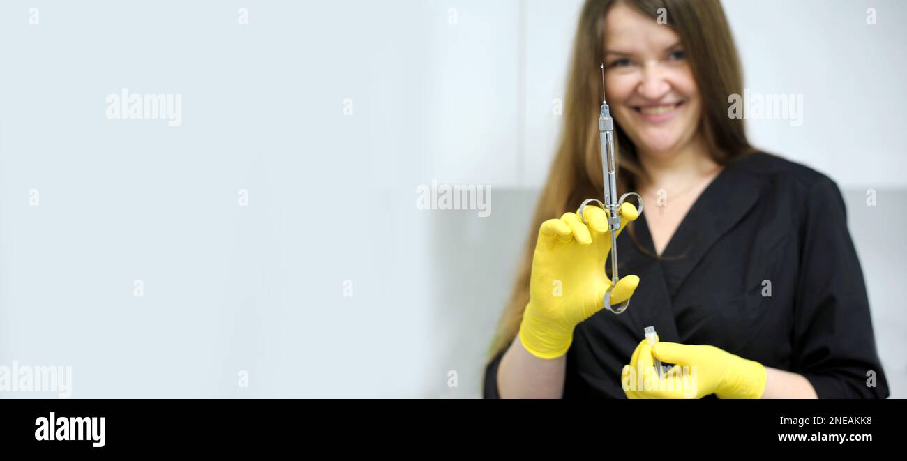 Doctor, girl, syringe injection Young girl woman with syringe in hand ...
