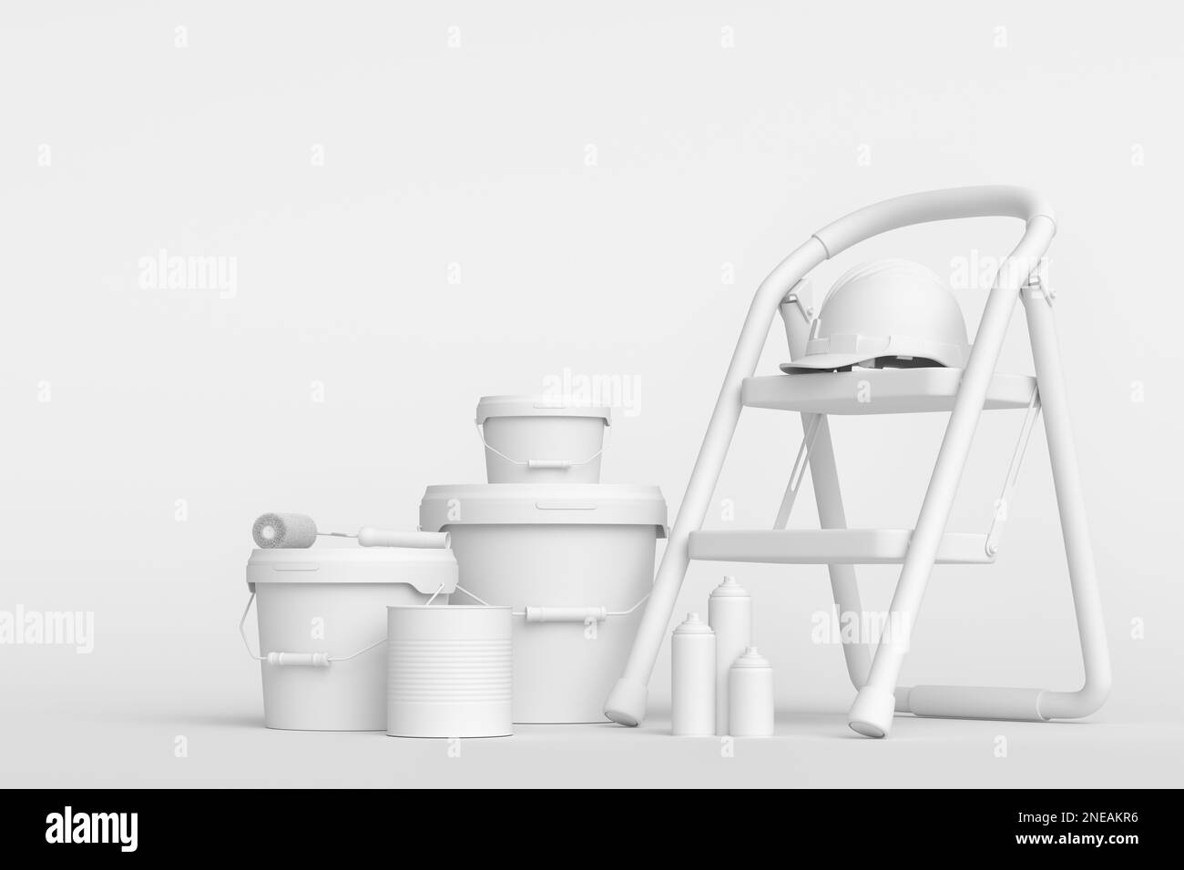 Set of folding ladder, bucket, safety helmet with paint rollers and ...