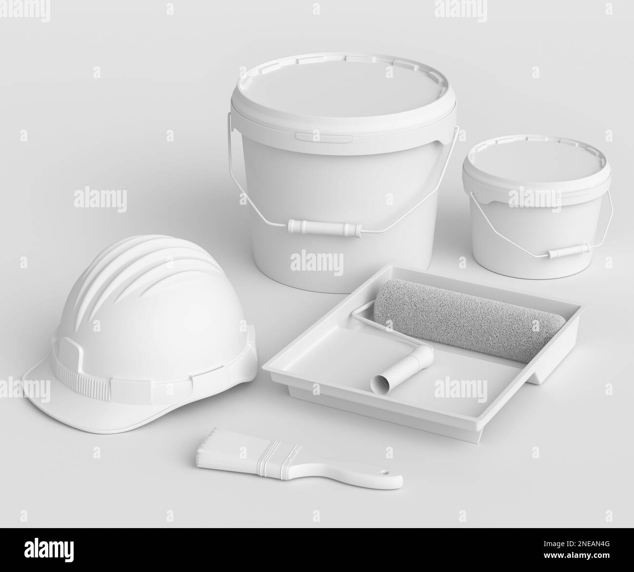 Set of safety helmet, bucket with paint rollers and brushes for ...