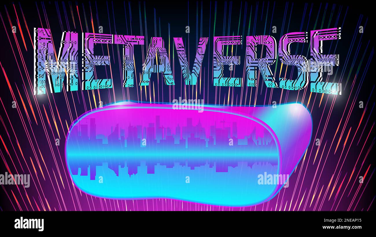 Virtual reality glasses with futuristic city inside and word Metaverse ...