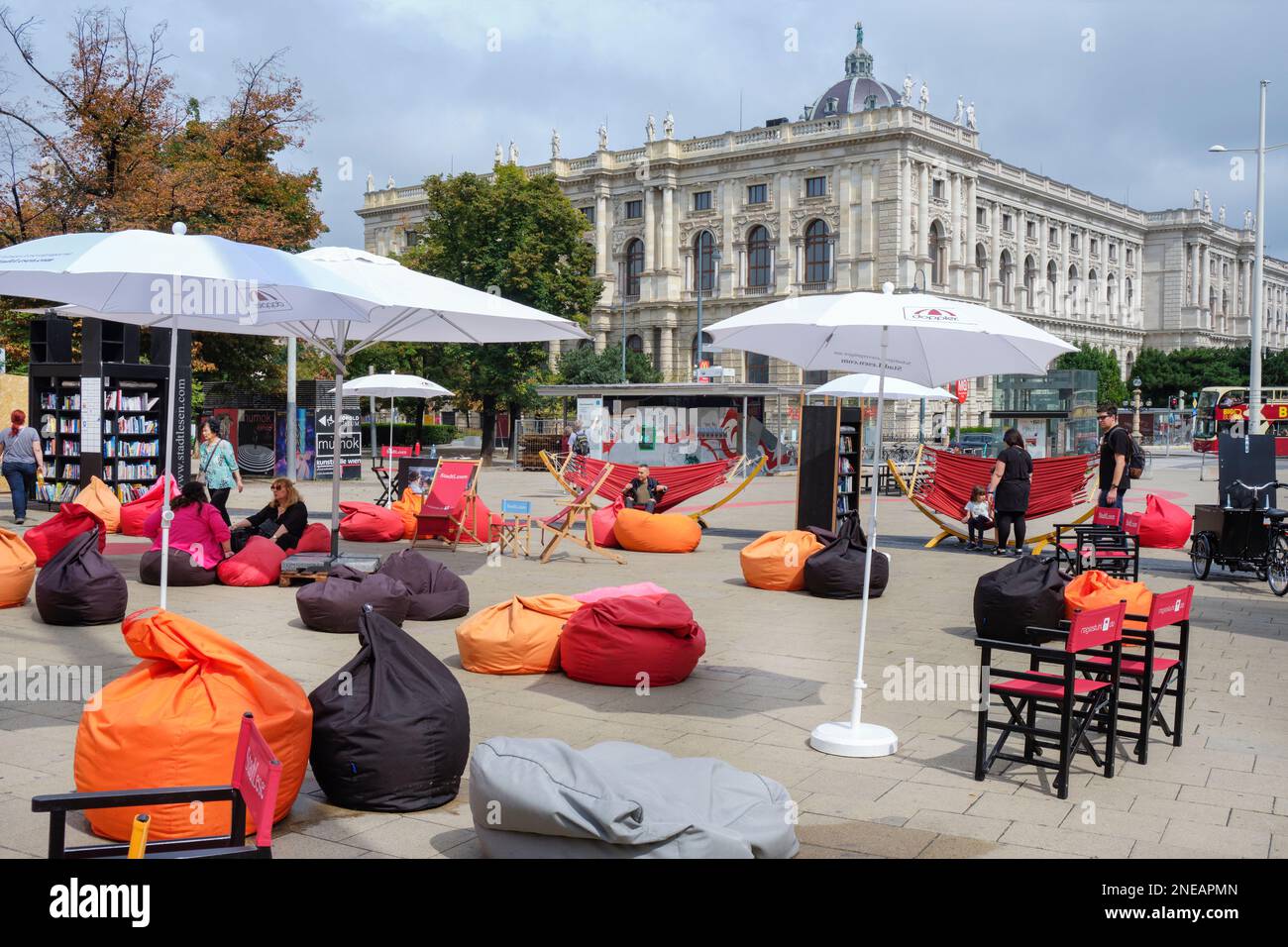 Vienna, Austria - August 28, 2022: A view of a public open-air library ...