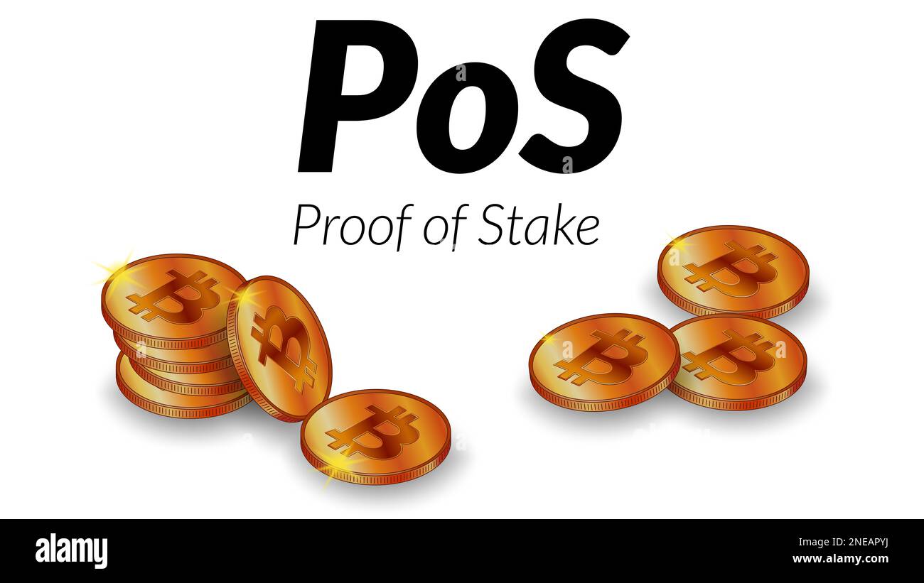 Black text PoS Proof of Stake with isometric stacks of Bitcoin BTC ...
