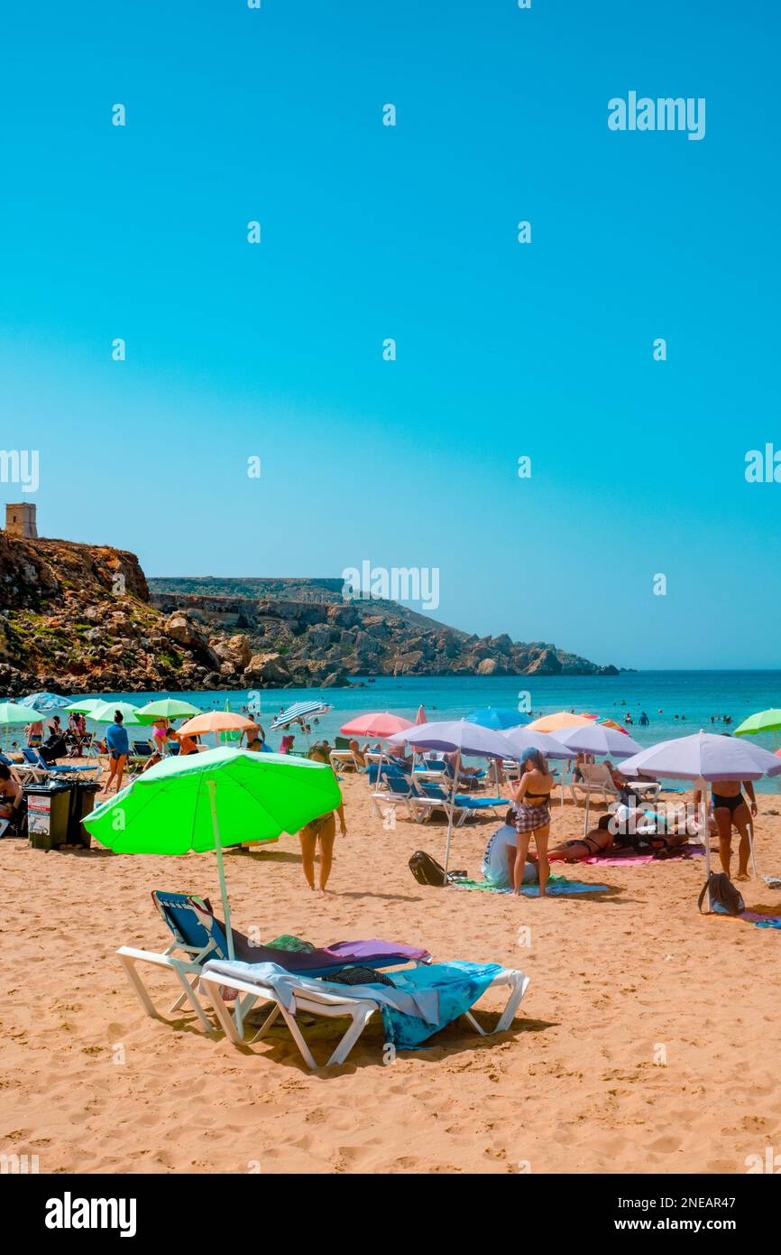 Mellieha, Malta - September 5, 2022: Some people enjoy in the famous ...