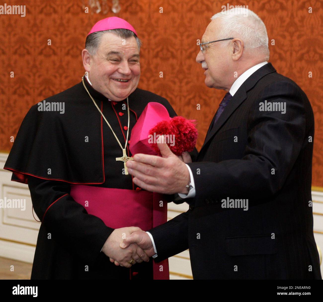 Czech Republic's President Vaclav Klaus, right, welcomes the newly ...