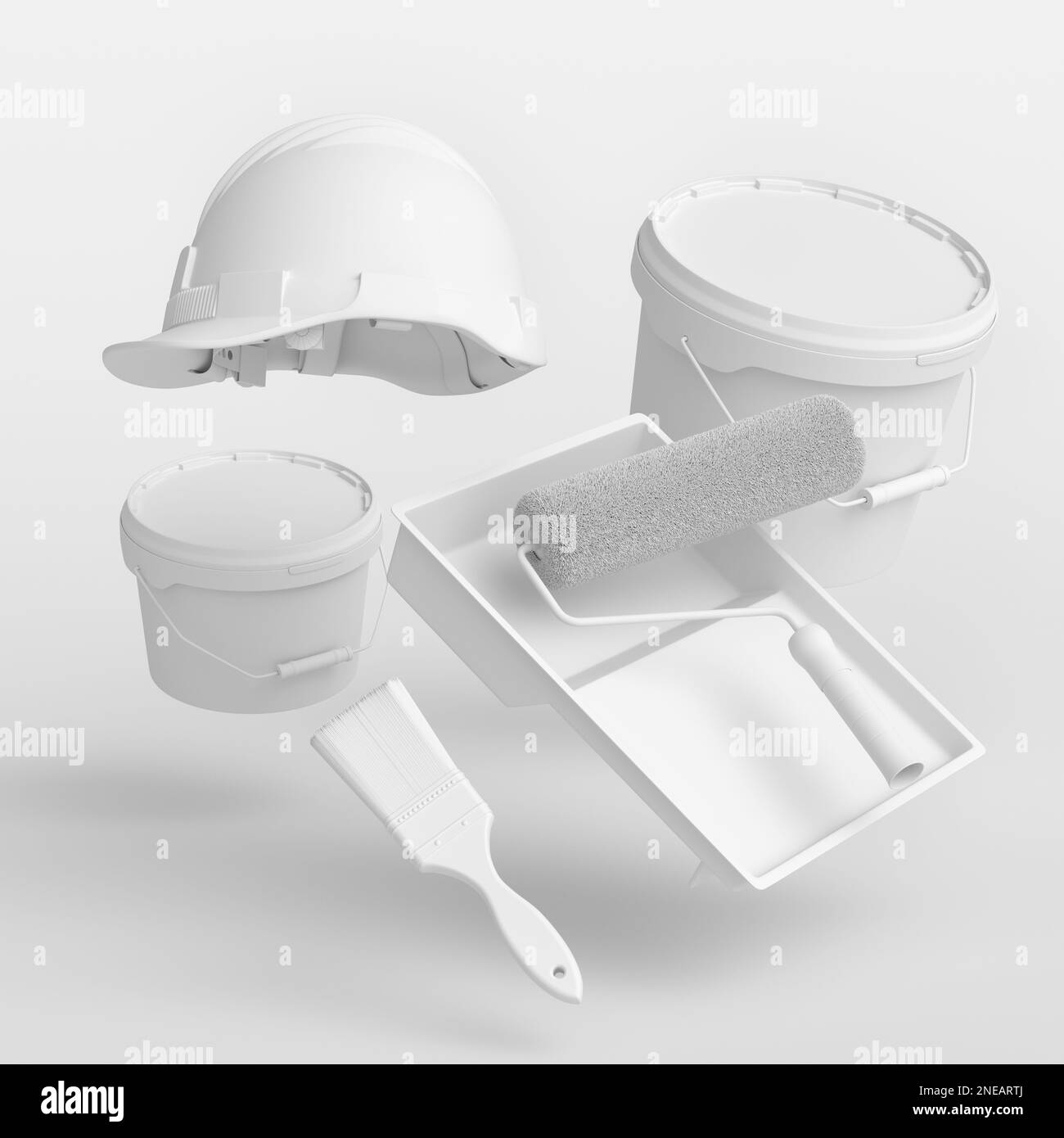 Set of flying safety helmet, bucket, tray with paint rollers and ...